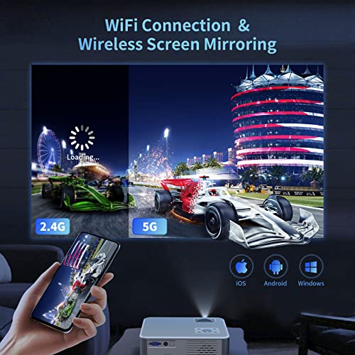 Giaomar Projector, 5G WiFi Projector 12000L Native 1080P Full HD Projector 4K Supported, 300" Movie Projector with Sync Screen&Zoom Function, Support iOS/Android Win/PC/DVD/TV with Portable Bag