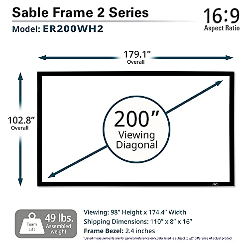 Elite Screens Sable Frame 2 Series, 200-inch Diagonal 16:9, Active 3D 4K Ultra HD Ready Fixed Frame Home Theater Projection Projector Screen, ER200WH2