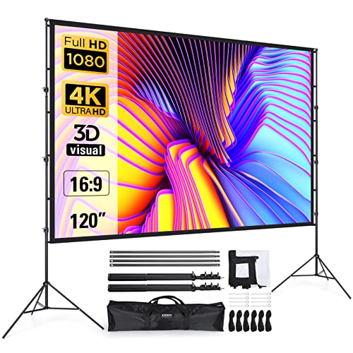 Projector Screen and Stand, LEORFI Outdoor Indoor 120 Inch Projector Screen with Stand, Portable Movie Projection Screen Pull Down 16:9 4K Full HD Support Height Adjustable for Home Theater Camping