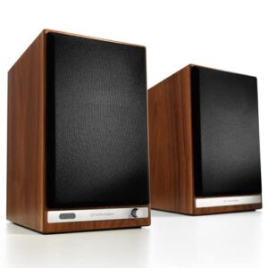 audioengine hd6 150w powered bookshelf stereo speakers | home music system w/aptx hd bluetooth, aux audio, optical, rca, 24-bit dac (walnut)