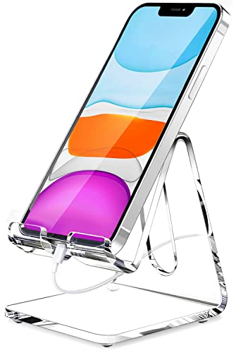 Crpich Acrylic Cell Phone Stand, Portable Phone Holder, Clear Phone Stand for Desk, Compatible with Phone 13 12 Pro Max Mini 11 Xr 8 Plus SE, Switch, Android Smartphone, Pad, Tablet, Desk Accessories