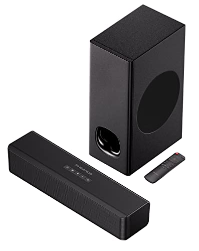 PHEANOO 2.1 Compact Sound Bars for TV with Subwoofer, HDMI ARC/Bluetooth 5.0/Optical/AUX/RCA Connection, Remote Control, Adjustable Bass, Wall Mountable – P15, 140W, 16 inch