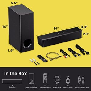 PHEANOO 2.1 Compact Sound Bars for TV with Subwoofer, HDMI ARC/Bluetooth 5.0/Optical/AUX/RCA Connection, Remote Control, Adjustable Bass, Wall Mountable – P15, 140W, 16 inch