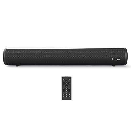 Sound Bar for TV with HDMI, Littoak Bluetooth Small TV Soundbar Speaker, Optical/HDMI/Aux/Coax/USB/Bluetooth Connection for TV, PC, Projectors, Includes Remote Control, Bass Adjustable, 16 inch