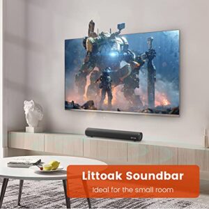 Sound Bar for TV with HDMI, Littoak Bluetooth Small TV Soundbar Speaker, Optical/HDMI/Aux/Coax/USB/Bluetooth Connection for TV, PC, Projectors, Includes Remote Control, Bass Adjustable, 16 inch