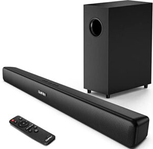 sound bar for tv with subwoofer deep bass soundbar 2.1 ch home audio surround sound speaker system with wireless bluetooth 5.0 for pc gaming with wired opt/aux/coax connection mountable 29-inch