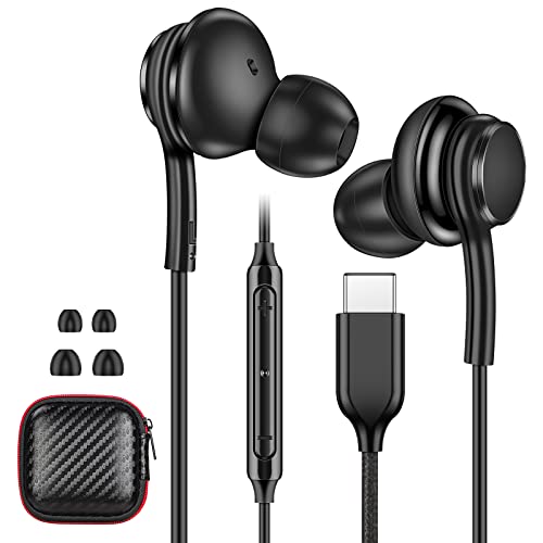 HoneyAKE USB Type C Headphones for Galaxy S21 S20 FE S22 Ultra Wired Earphones Earbuds Stereo in-Ear Noise Canceling Headset Earphone with Microphone for iPad Samsung Note 20 OnePlus 9 Pixel 6, Black