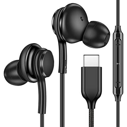 HoneyAKE USB Type C Headphones for Galaxy S21 S20 FE S22 Ultra Wired Earphones Earbuds Stereo in-Ear Noise Canceling Headset Earphone with Microphone for iPad Samsung Note 20 OnePlus 9 Pixel 6, Black