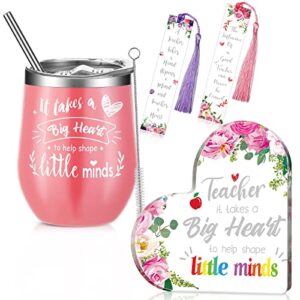 meanplan 4 pcs teacher christmas appreciation gifts for women, 12 oz teacher tumbler, 2 bookmark and acrylic heart paperweights thank you graduation keepsakes for teacher’s day gifts