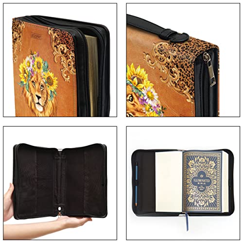 Jesuspirit Personalized Zippered Bible Cover with Handle Large Size - Lion & Sunflower Customized Leather Bible Case - God is Within Her, She Will Not Fall - Psalm 46:5 - Ideal Gift for Church Ladies