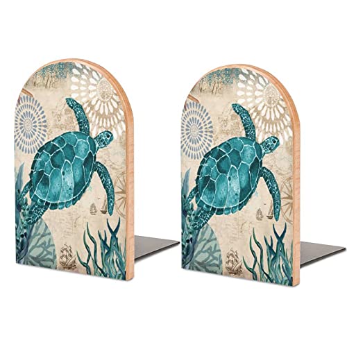 2 PCS Wood Bookends, Sea Turtle,Blue Ocean Creature Landscape Wood Book Stand for Home Office School,L Shaped Book Ends Perfect for Books,DVD's,CD's,Video Game 7x5 inch