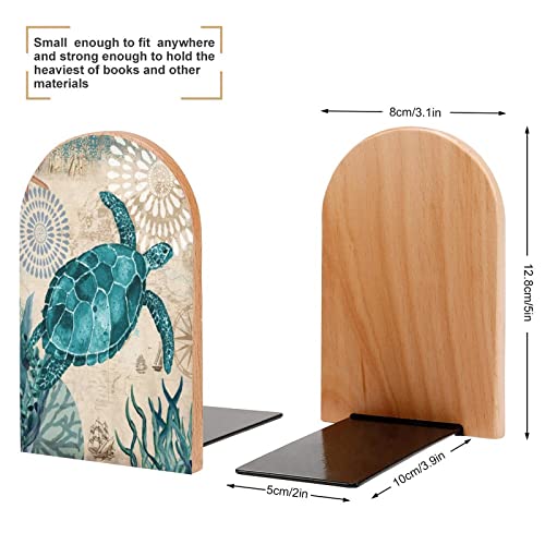 2 PCS Wood Bookends, Sea Turtle,Blue Ocean Creature Landscape Wood Book Stand for Home Office School,L Shaped Book Ends Perfect for Books,DVD's,CD's,Video Game 7x5 inch