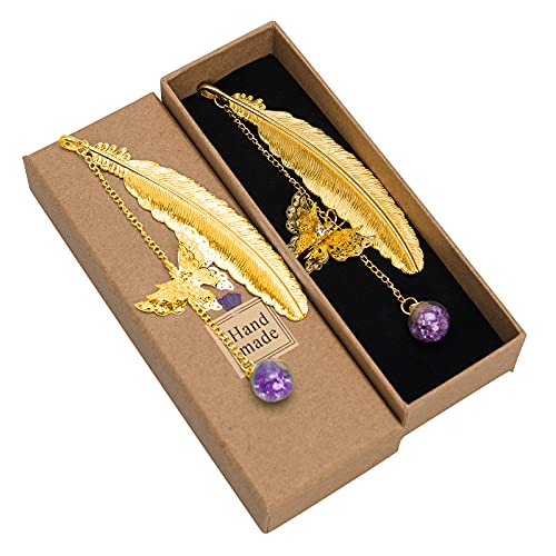 Renaelelife Metal Feather Bookmarks, 2Pack of Vintage Book Marks with 3D Butterfly and Dried Flower Glass Bead Pendant, Wrap Cute with Gift Box, Gifts for Book Lovers Women Men Kids (Gold + Gold)