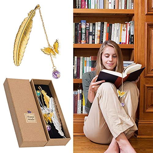 Renaelelife Metal Feather Bookmarks, 2Pack of Vintage Book Marks with 3D Butterfly and Dried Flower Glass Bead Pendant, Wrap Cute with Gift Box, Gifts for Book Lovers Women Men Kids (Gold + Gold)