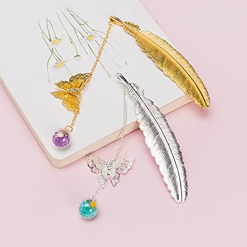 Renaelelife Metal Feather Bookmarks, 2Pack of Vintage Book Marks with 3D Butterfly and Dried Flower Glass Bead Pendant, Wrap Cute with Gift Box, Gifts for Book Lovers Women Men Kids (Gold + Gold)