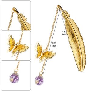 Renaelelife Metal Feather Bookmarks, 2Pack of Vintage Book Marks with 3D Butterfly and Dried Flower Glass Bead Pendant, Wrap Cute with Gift Box, Gifts for Book Lovers Women Men Kids (Gold + Gold)