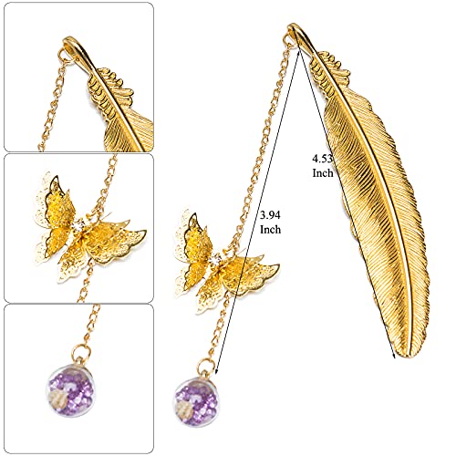 Renaelelife Metal Feather Bookmarks, 2Pack of Vintage Book Marks with 3D Butterfly and Dried Flower Glass Bead Pendant, Wrap Cute with Gift Box, Gifts for Book Lovers Women Men Kids (Gold + Gold)