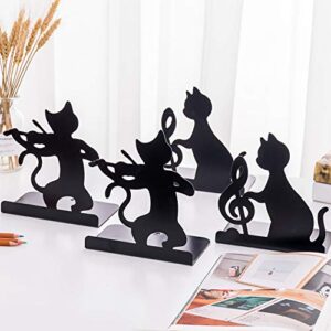 Cute Animal Metal Cat Book Ends Novelty Black Music Cat Play Bookends Decorative for Shelves Iron Cat Book Stand Anti-Slip Heavy Duty Desktop Organizer Book Shelf Holder for Library School Office Home