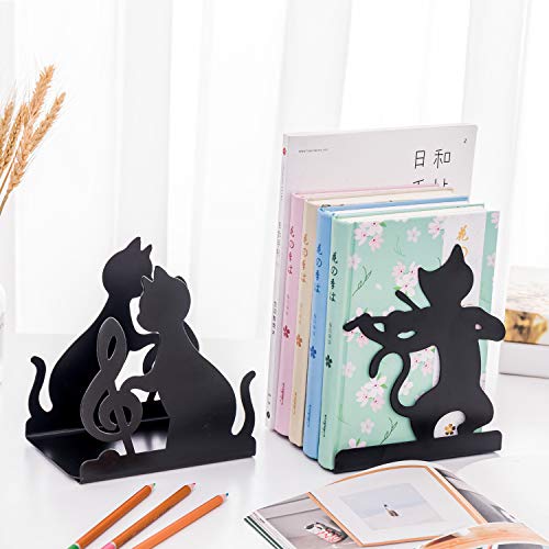 Cute Animal Metal Cat Book Ends Novelty Black Music Cat Play Bookends Decorative for Shelves Iron Cat Book Stand Anti-Slip Heavy Duty Desktop Organizer Book Shelf Holder for Library School Office Home