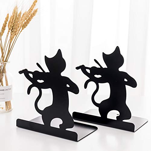 Cute Animal Metal Cat Book Ends Novelty Black Music Cat Play Bookends Decorative for Shelves Iron Cat Book Stand Anti-Slip Heavy Duty Desktop Organizer Book Shelf Holder for Library School Office Home