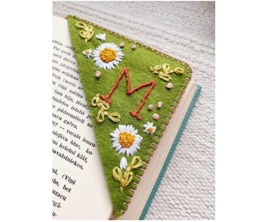 Personalized Hand Embroidered Corner Bookmark, Hand Stitched Felt Corner Letter Bookmark, Felt Triangle Bookmark, Cute Flower Letter Embroidery Bookmarks for Book Lovers（Summer-T）