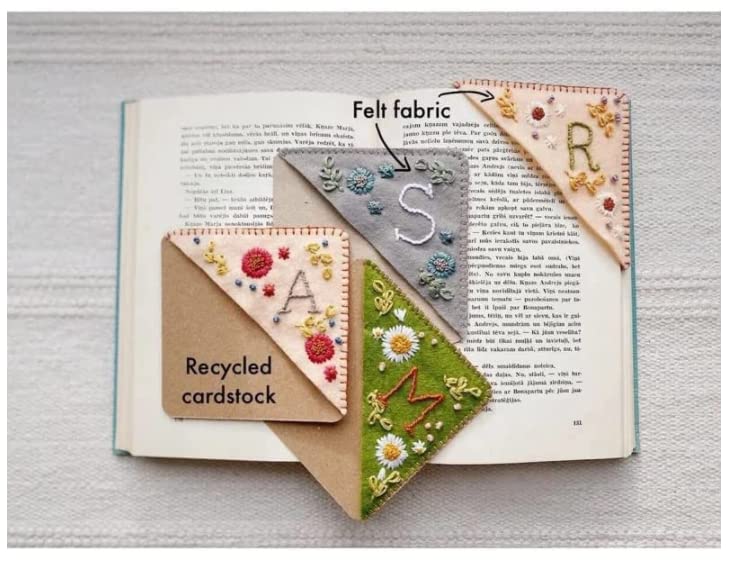 Personalized Hand Embroidered Corner Bookmark, Hand Stitched Felt Corner Letter Bookmark, Felt Triangle Bookmark, Cute Flower Letter Embroidery Bookmarks for Book Lovers（Summer-T）