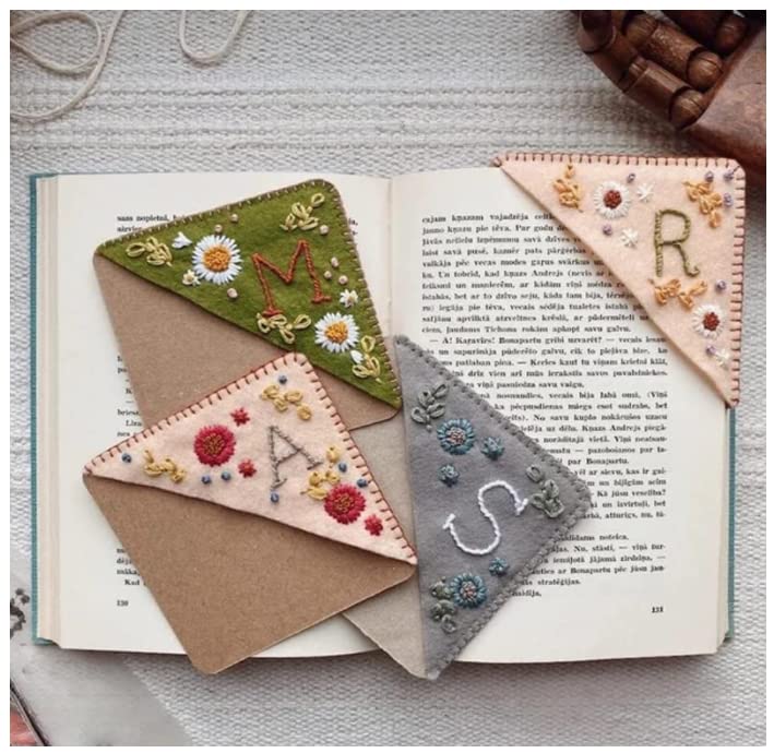 Personalized Hand Embroidered Corner Bookmark, Hand Stitched Felt Corner Letter Bookmark, Felt Triangle Bookmark, Cute Flower Letter Embroidery Bookmarks for Book Lovers（Summer-T）