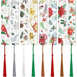 8 pcs christmas flower acrylic bookmarks transparent acrylic bookmarks with colorful tassels christmas red birds poinsettia pine cones book marks for women girls teachers kids students