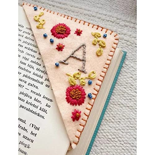 4 Packs Personalized Hand Embroidered Bookmarks, Hand Stitched Felt Corner Letter Bookmark for Book Lovers, Cute Flower Letter Embroidery ​in All Seasons