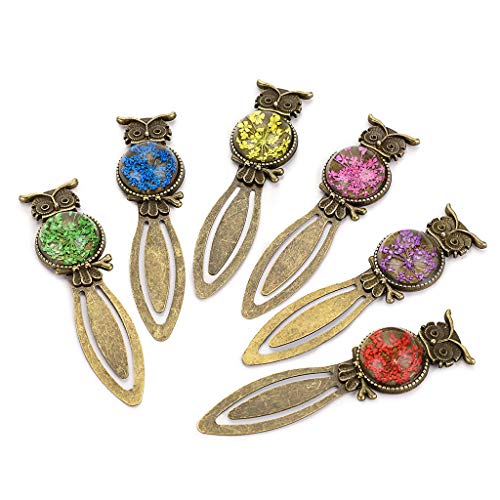 BTSKY Set of 6 Retro Owl Metal Bookmark Bronze Book Mark Clip with Dried Flower Practical Book Page Marker Tool for Library School Book Club, Ideal Gifts for Girls Women Book Lovers Reading