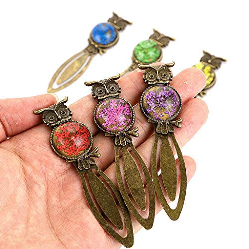 BTSKY Set of 6 Retro Owl Metal Bookmark Bronze Book Mark Clip with Dried Flower Practical Book Page Marker Tool for Library School Book Club, Ideal Gifts for Girls Women Book Lovers Reading