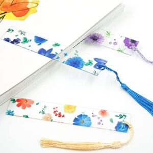 Bookmarks for Women Flower Bookmark Cute Floral Bookmarks Transparent Acrylic Bookmarks with Tassels for Women Teacher Kids Book Lovers (6 PCS)