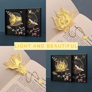 LELE LIFE 2Pack Exquisite Hollow Metal Bookmark Box, Goldfish and Lotus Pendant Book Marker, Copper Bookmark Brass Bookmark with Chain, Reading Bookmark, Style A