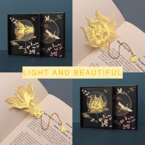 LELE LIFE 2Pack Exquisite Hollow Metal Bookmark Box, Goldfish and Lotus Pendant Book Marker, Copper Bookmark Brass Bookmark with Chain, Reading Bookmark, Style A