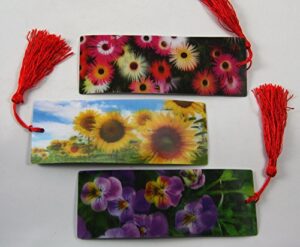 3 bookmarks – 3d lenticular – colorful flowers with red tassle