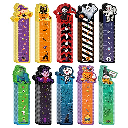 Whaline 80Pcs Halloween Bookmark Ruler Witch Ghost Vampire Skeleton Pumpkin Gnome Ruler Marker Cartoon Stationary with Halloween Themed Prints for Classroom Reward Prize Party Favors (10 Design)