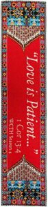 christian bookmark, love is patient, woven, mini carpet