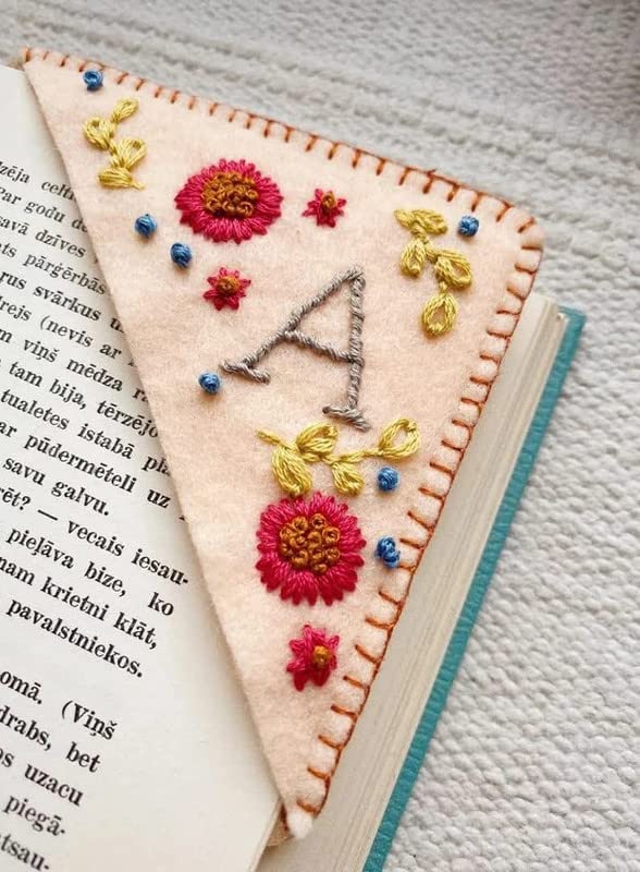 Personalized Hand Embroidered Corner Bookmark, 26 Letters Cute Flower Letter Embroidery Bookmarks, Felt Triangle Page Corner Handmade Bookmark, Bookmarks for Book Lovers(Fall,J)