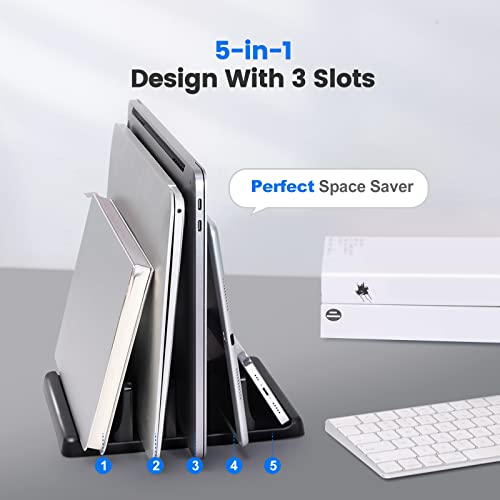 Vaydeer 3-Slot Vertical Laptop Stand Made of Premium ABS Plastics 5 in 1 Design Space-Saving Adjustable Desk Organizer for All MacBook/Chromebook/Surface