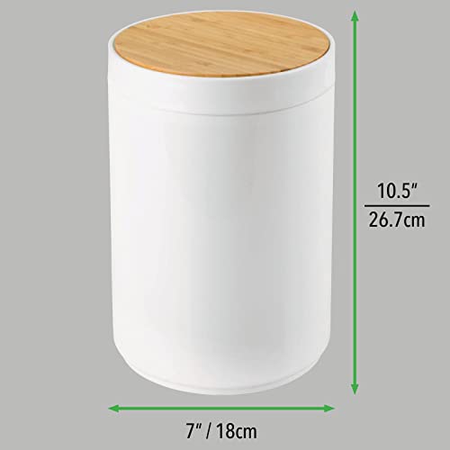 mDesign Plastic Round Trash Can Small Wastebasket, Garbage Bin Container with Swing-Close Lid, Kitchen, Bathroom, Home Office, Bedroom Basket; Holds Waste, Recycling,1.3 Gallon - White/Natural