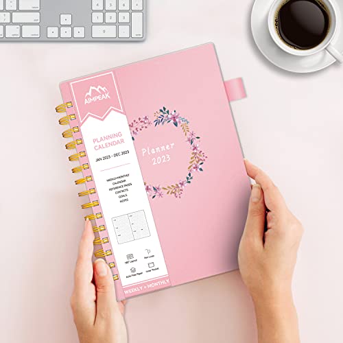 2023 Weekly & Monthly Planner, Jan. 2023 - Dec. 2023, AIMPEAK Planner 2023, Monthly Tabs, Inner Pocket, Pen Loop, PVC Waterproof Cover, Notes Pages, Spiral Binding, 138Pages, Pink Garland(5.5"x8.5")