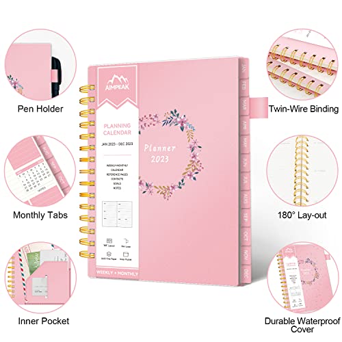 2023 Weekly & Monthly Planner, Jan. 2023 - Dec. 2023, AIMPEAK Planner 2023, Monthly Tabs, Inner Pocket, Pen Loop, PVC Waterproof Cover, Notes Pages, Spiral Binding, 138Pages, Pink Garland(5.5"x8.5")