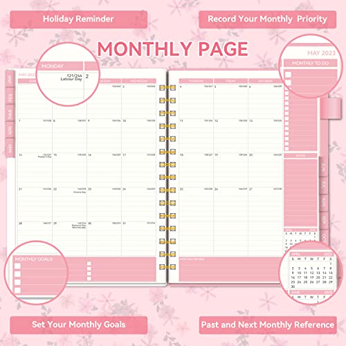 2023 Weekly & Monthly Planner, Jan. 2023 - Dec. 2023, AIMPEAK Planner 2023, Monthly Tabs, Inner Pocket, Pen Loop, PVC Waterproof Cover, Notes Pages, Spiral Binding, 138Pages, Pink Garland(5.5"x8.5")