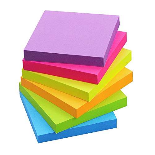 Sticky Notes 3x3, 6 Color Bright Colorful Sticky Pad, 6 Pads/Pack, 100 Sheets/Pad, Self-Sticky Note Pads (Yellow, Green, Blue, Orange, Purple, Rose)