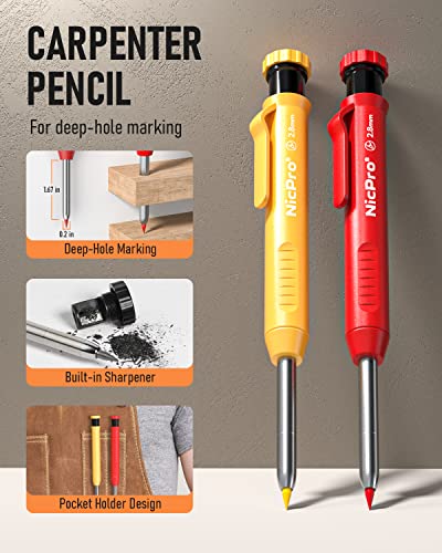 Nicpro 5 Pack Mechanical Carpenter Pencil Set with 76 Refills & Carbide Scribe Tool, Solid Deep Hole Carpenter Markers Woodworking Pencils with Built-in Sharpener for Construction Architect -With Case