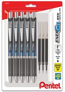 pentel energel deluxe rtx 0.5 mm needle tip pens – retractable liquid gel pen set – pack of 5 black pens with 3 refills