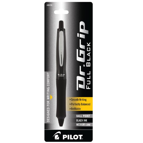 PILOT Dr. Grip FullBlack Refillable & Retractable Ballpoint Pen, Medium Point, Black Ink, Single Pen (36193)