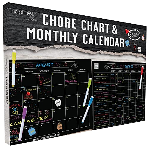 Hapinest Magnetic Dry Erase Chore Chart Board and Monthly Calendar for Multiple Kids Teenagers and Family - 2 Pack for Fridge, 5 Markers with Eraser Tops, 36 Reusable Cling Stickers