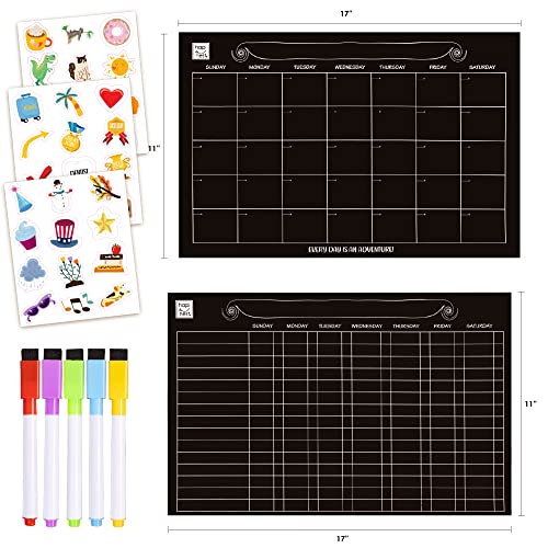 Hapinest Magnetic Dry Erase Chore Chart Board and Monthly Calendar for Multiple Kids Teenagers and Family - 2 Pack for Fridge, 5 Markers with Eraser Tops, 36 Reusable Cling Stickers