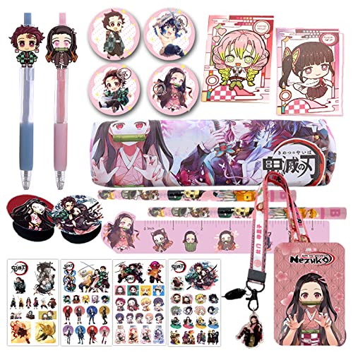 Anime Gift Set Include Pencil,Rollerball Pen,Pencil Case, Ruler,Card Holder with Lanyard,Notebook,Tattoo Sticker,Phone Ring Holder,Button Pins